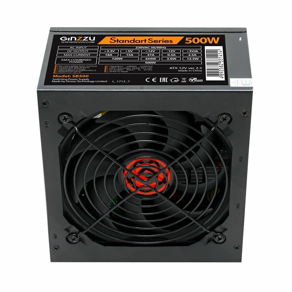 Блок питания Ginzzu SB500 (17487) черный - ATX 20+4 пин, 4 pin CPU, 3 SATA, Нет PCI-E PCI-E