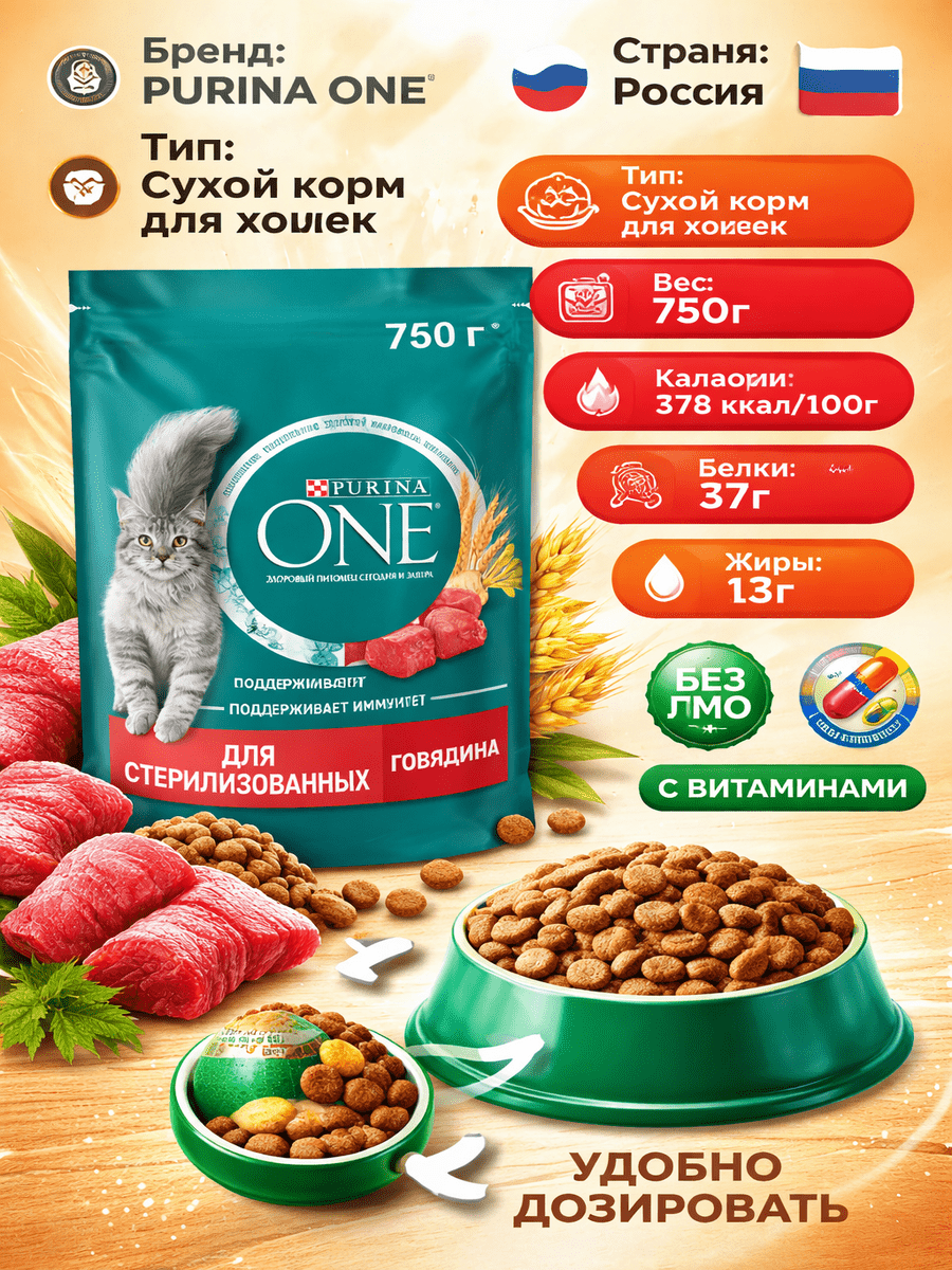 Корм сухой Purina One для стерилизованных кошек и кастрированных котов с говядиной и пшеницей, 750г