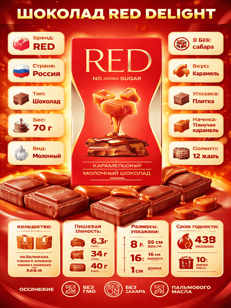 Шоколад Red Delight молочный карамелизованный без сахара, 70г
