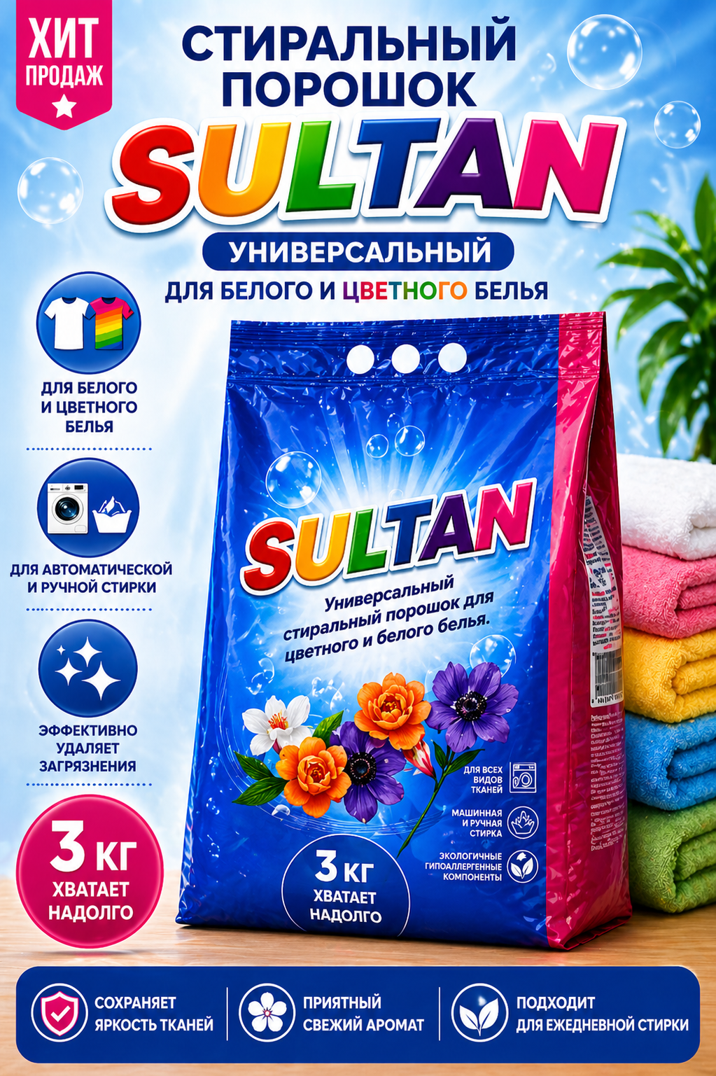 Стиральный порошок Sultan, 3 кг, универсальный, для цветного и белого белья