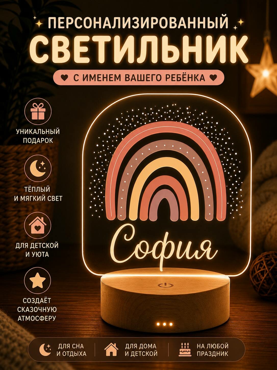 Детский 3D светильник с именем подарок ребенку радуга