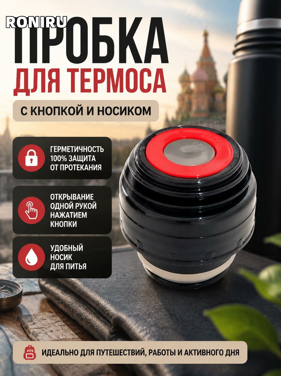 Пробка для термоса с кнопкой — герметичная крышка с носиком, удобное открывание одной рукой для путешествий и работы
