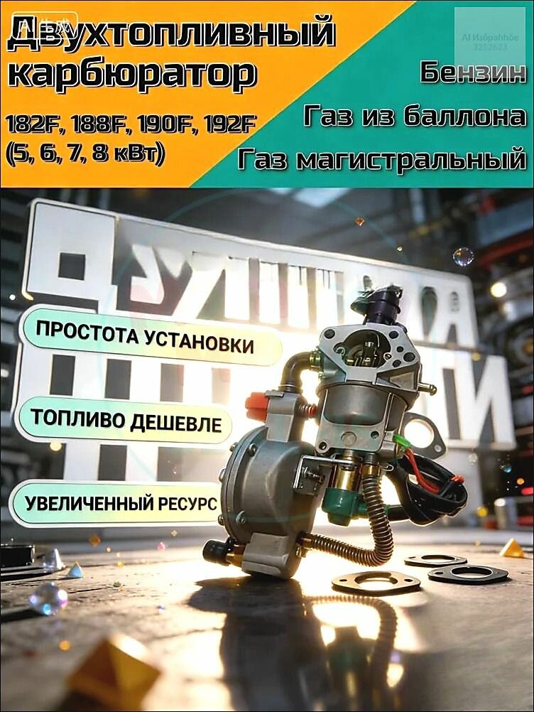 Карбюратор двухтопливный Газ-Бензин для генератора 4.5-5.5 кВт GX390 188F 190F с редуктором LPG; комплект для экономии топлива и перехода на газ для бензогенератора универсальный