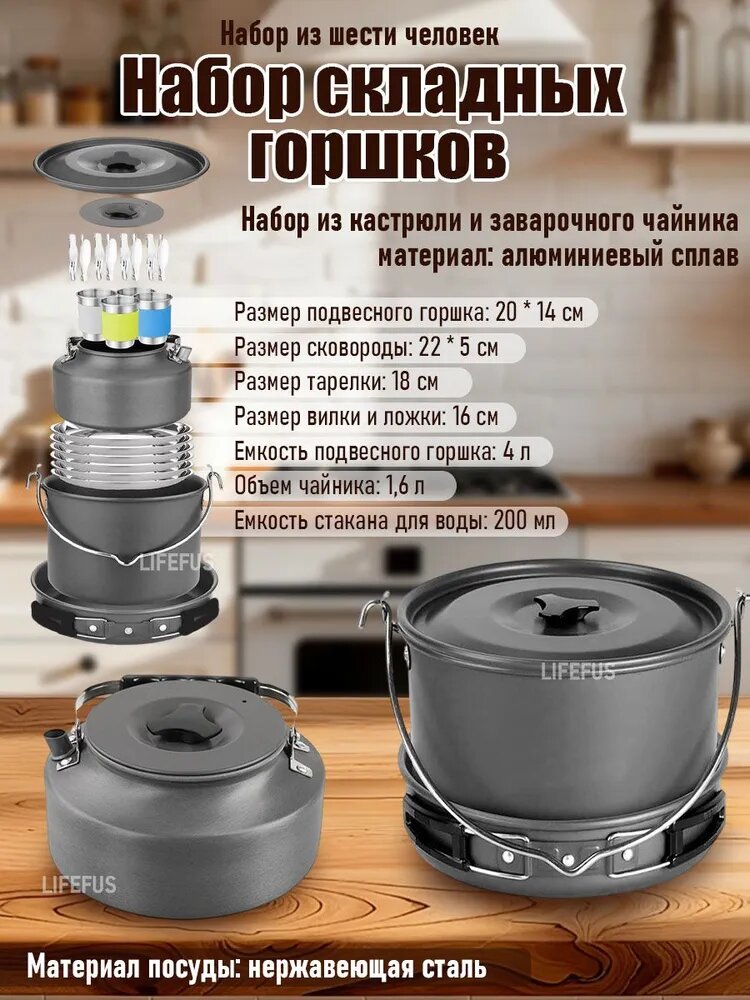 Портативный набор посуды для кемпинга на открытом воздухе, дорожный набор посуды с чайником объемом 1,6 л