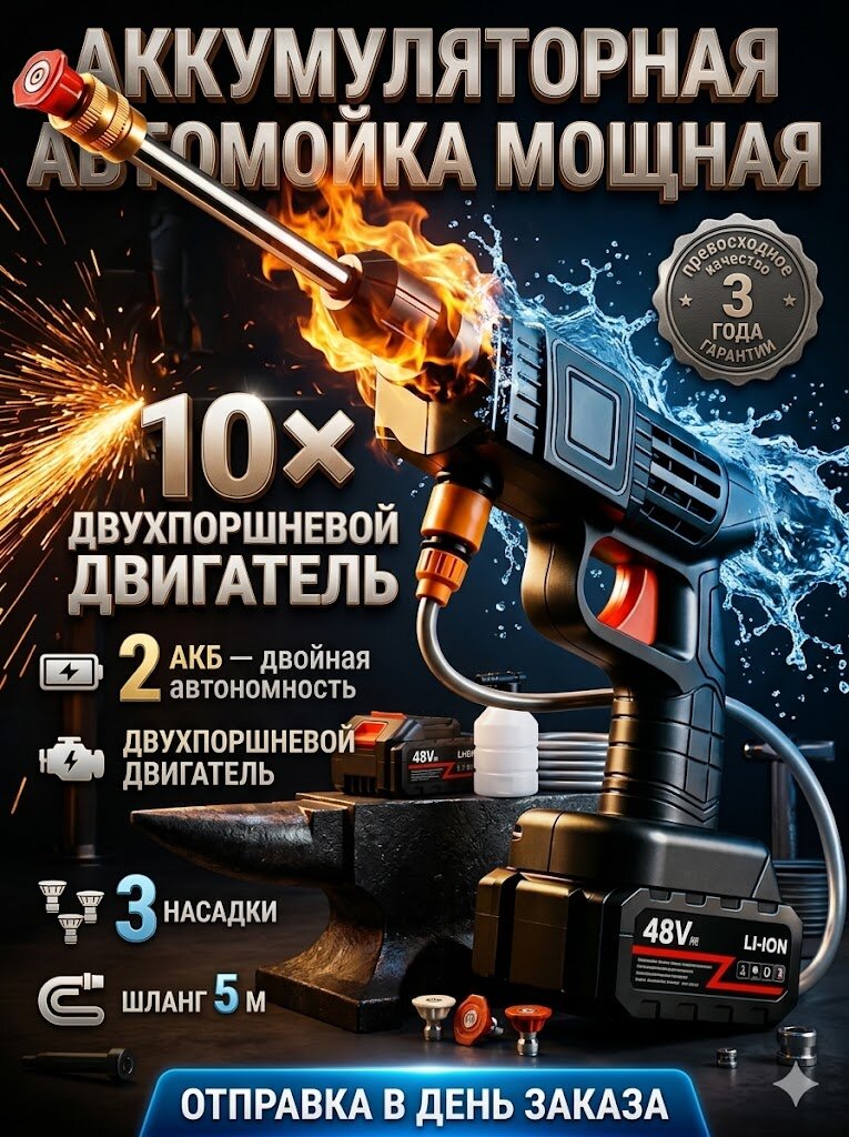 Мойка высокого давления аккумуляторная для автомобиля, Автомойка, в кейсе 2 аккумулятора, 3 насадки