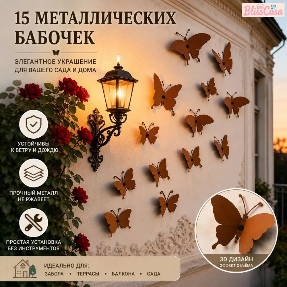 15 шт. Винтажные ржавый бабочки декоративные из металла, украшения для сада и дачи, Отличный подарок дачнику
