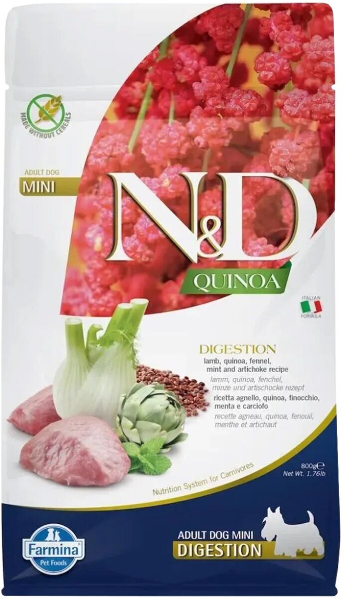 Сухой корм Farmina Quinoa Adult Dog Mini Digestion беззерновой для собак, поддержка пищеварения, ягненок с киноа, 800г