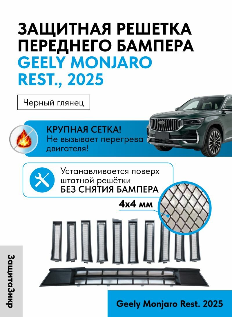 Защитная решетка переднего бампера 4х4мм Geely Monjaro I Rest, 2025 / Geely Geely Xingyue-L Rest. 2025, черный глянец
