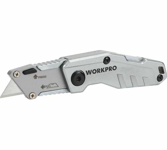 Складной быстросменный нож WORKPRO алюминиевый, трапециевидное лезвие