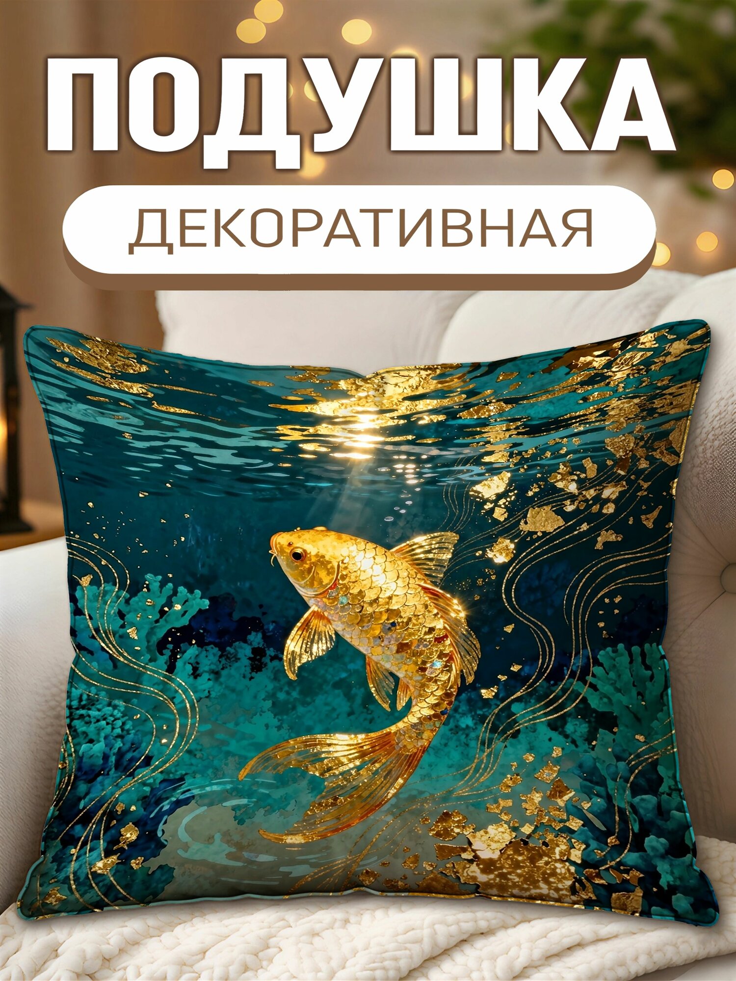 Подушка декоративная с принтом Золотая рыбка, размеры 40 х 40 см, 1 шт.