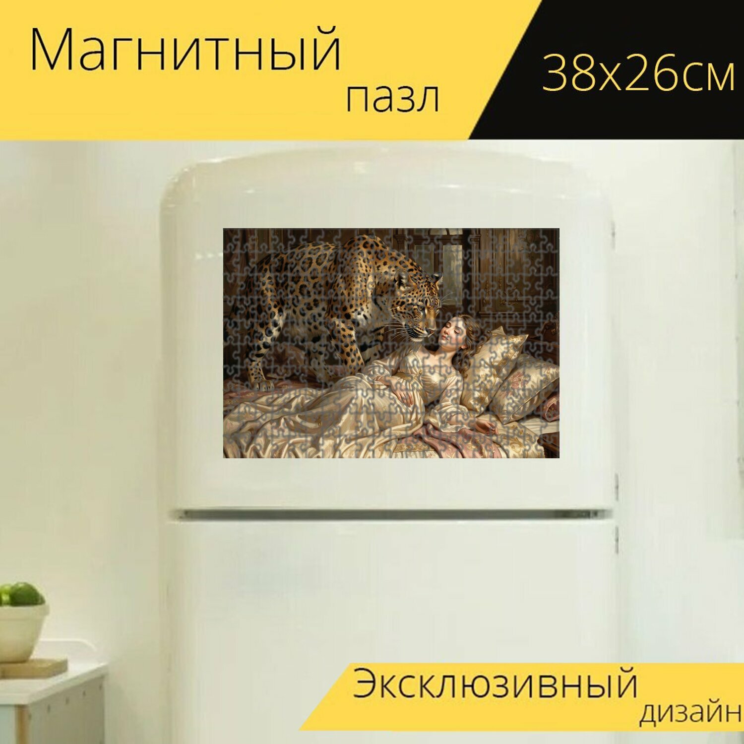 Магнитный пазл "Леопард и спящая девушка. Элегантный хищник склоняется к отдыхающей красавице в роскошной спальне с бархатистыми тканями. Тёплая палитра." для интерьера, 38х26 см.