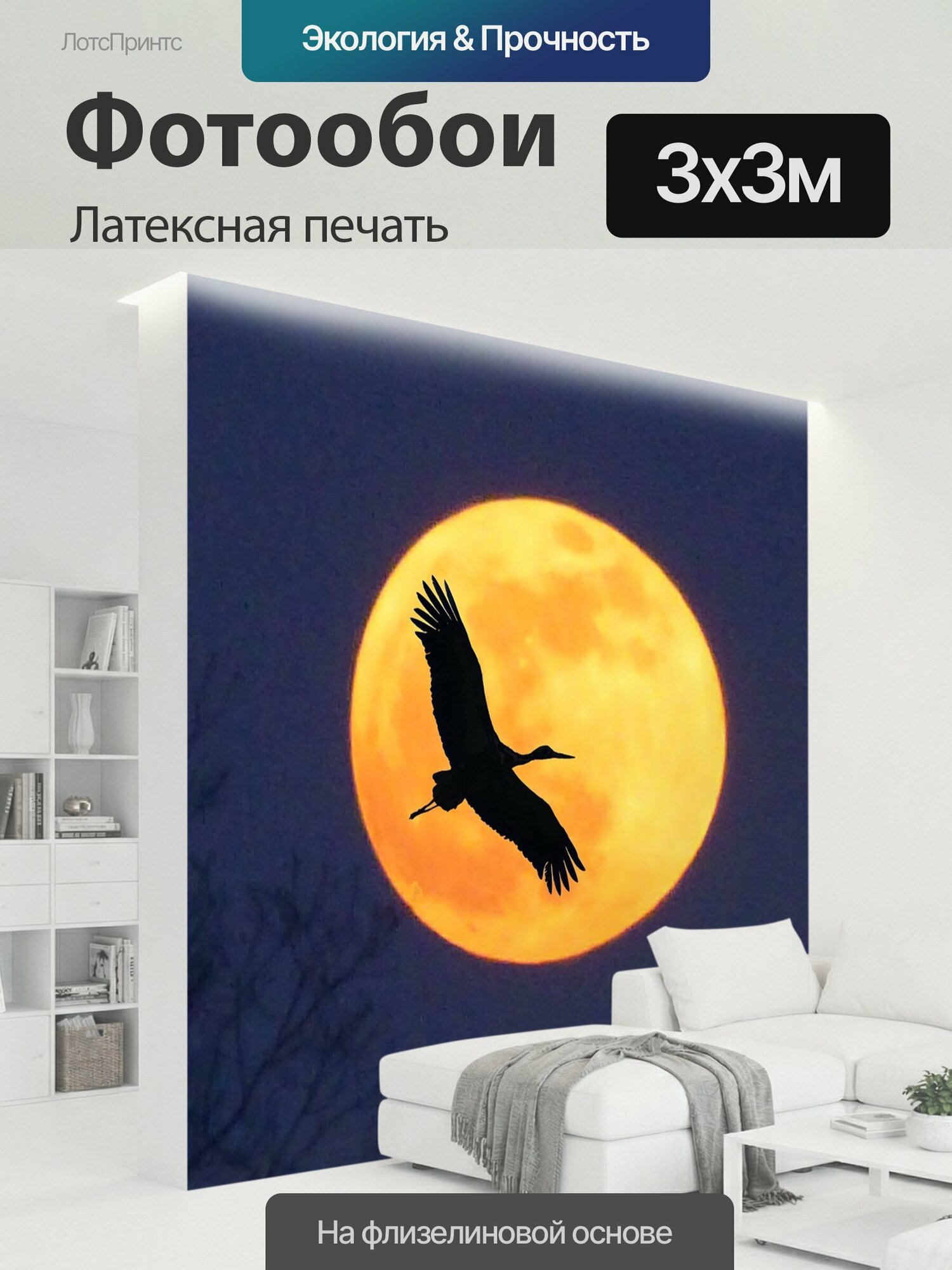 Фотообои моющиеся ударопрочные "Аист, луна, полнолуние" 300x300 см. латексная печать