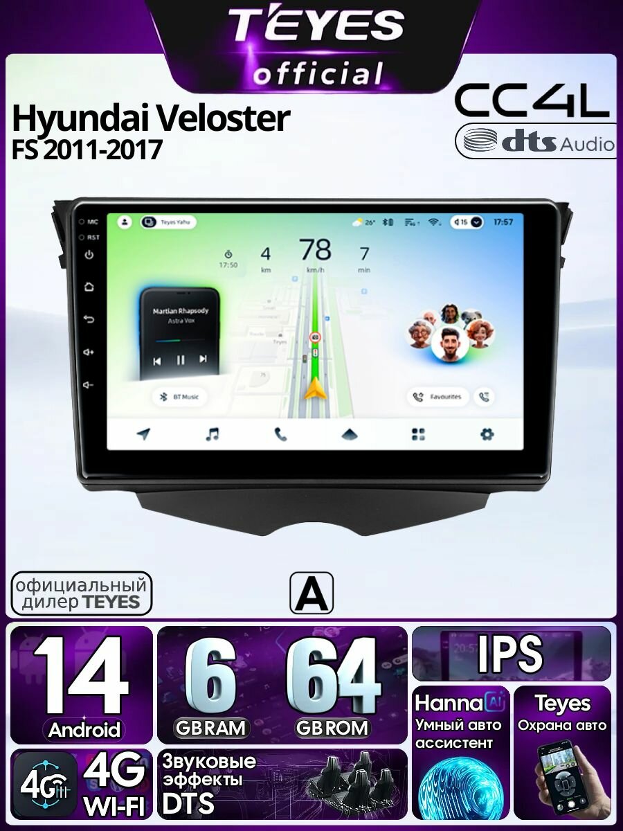 Магнитола Hyundai Veloster FS 2011-2017 (Комплектация A) Teyes CC4L DTS 6/64GB, штатная магнитола, IPS экран, DSP,4G, Wi-Fi