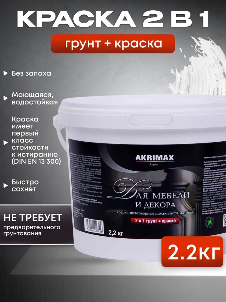 Краска для мебели и декора шелковисто-матовая, акриловая краска без запаха, по дереву для мебели, кухонных фасадов 2,2 кг белая