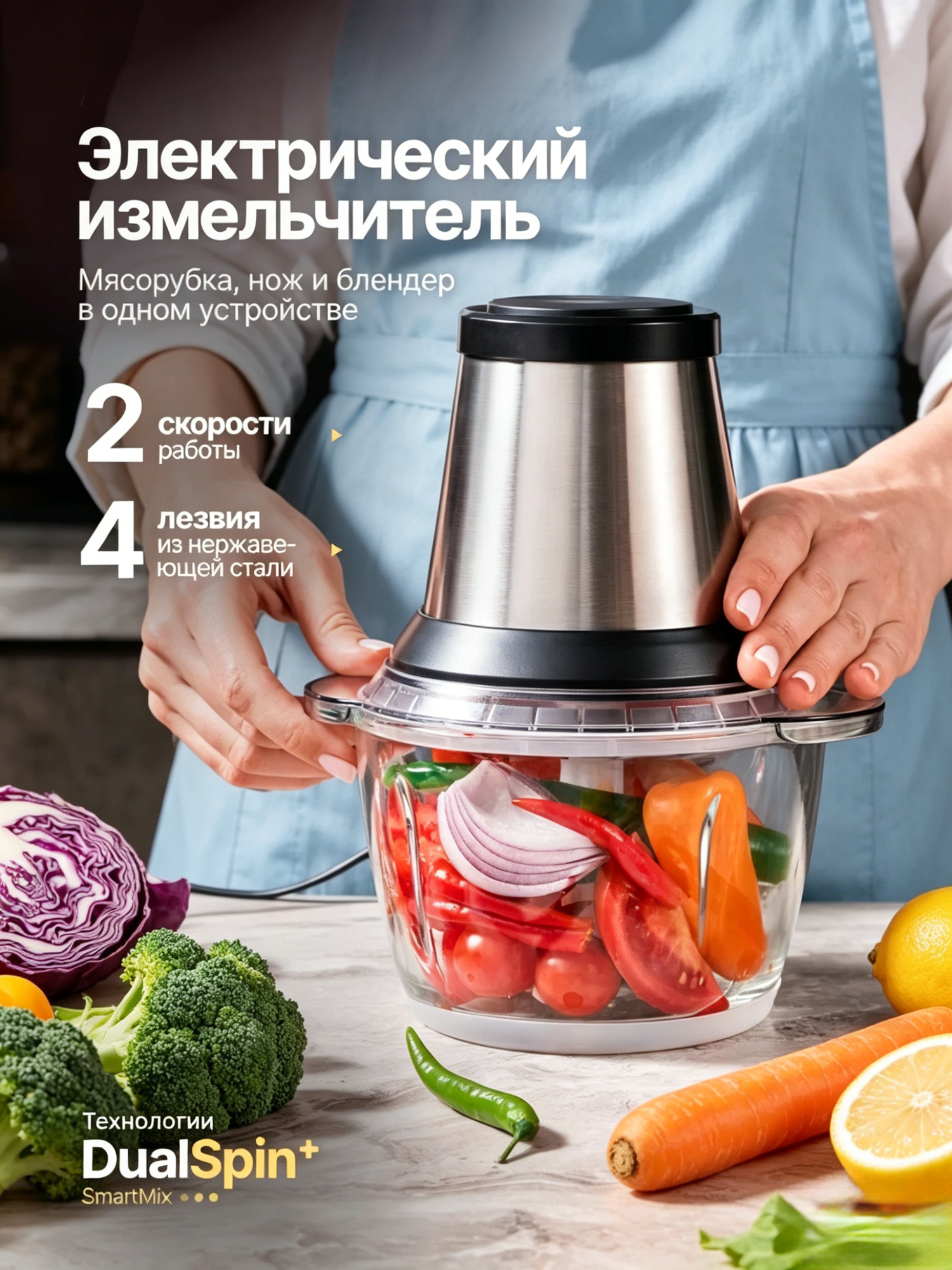 Кухонный измельчитель-чоппер 800 Вт, 2.0 л, стеклянная чаша, стальные ножи, для мяса и овощей