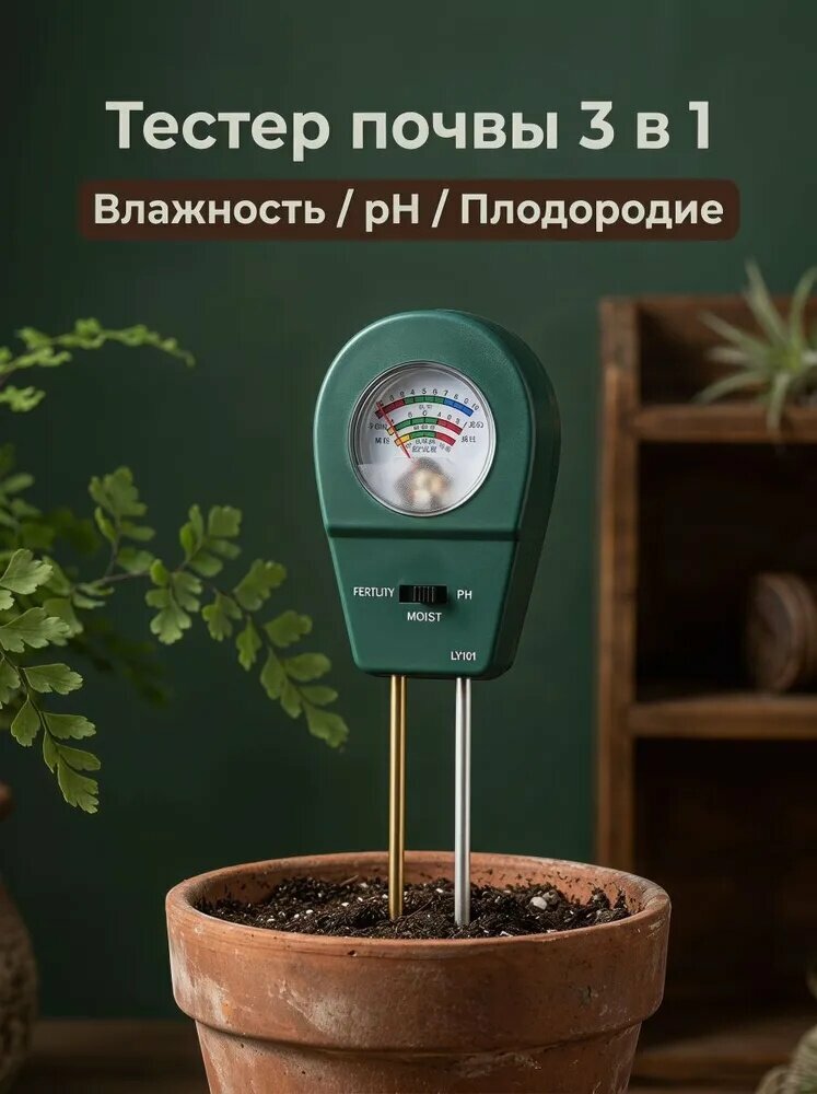 3 в 1 измеритель почвы: pH + влажность + плодородие. Без батарей, удобство использования, быстрое считывание. Подходит для сада, комнатных растений, огорода, тестирования почвы.