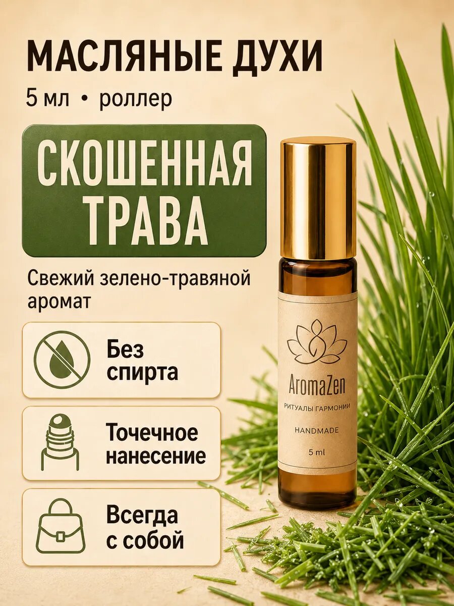 Масляные духи роллер "Скошенная трава", женские, без спирта, шариковые, 5 мл