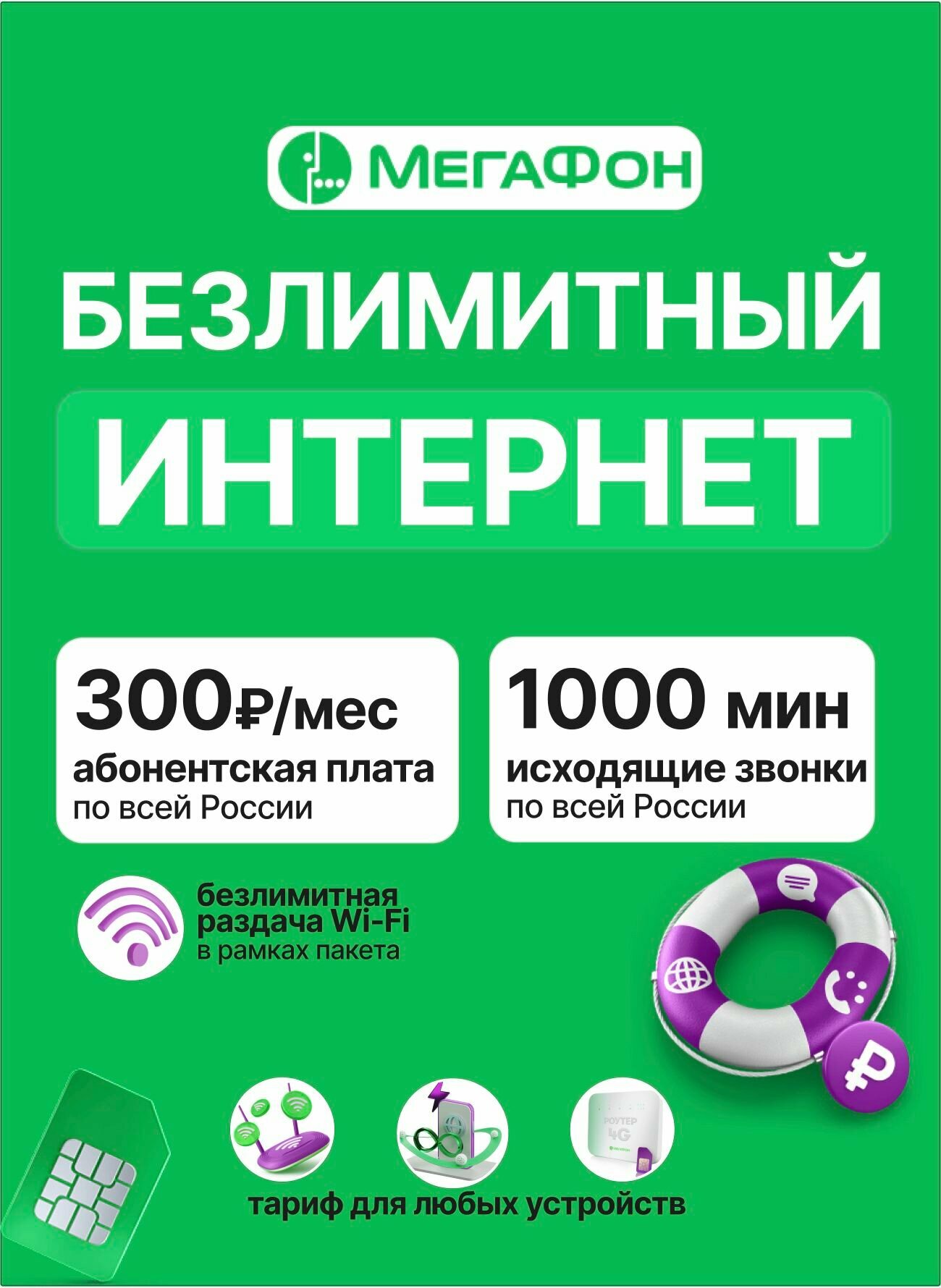 Sim-карта Мегафон безлимит без ограничений 300 руб/мес