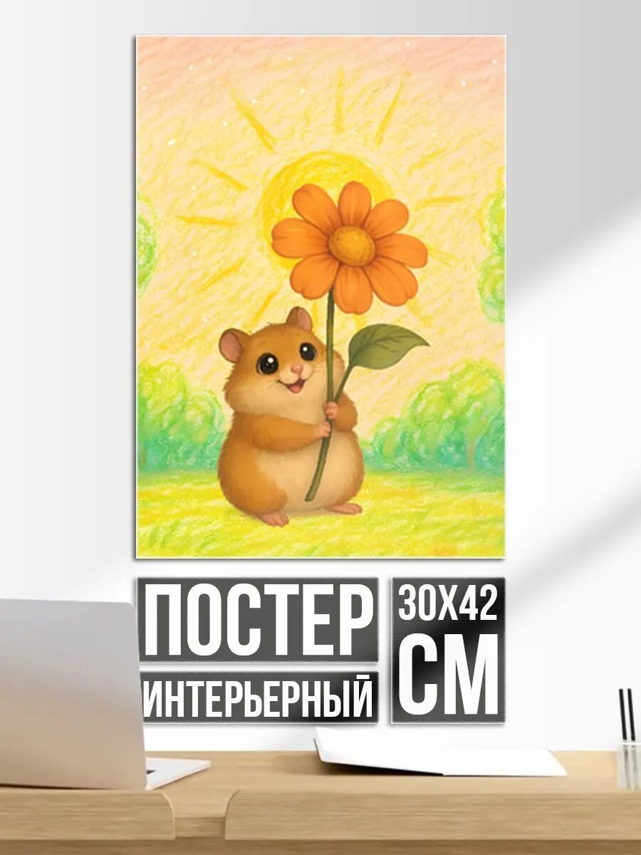 Постер на стену Хомячок с огромным цветком