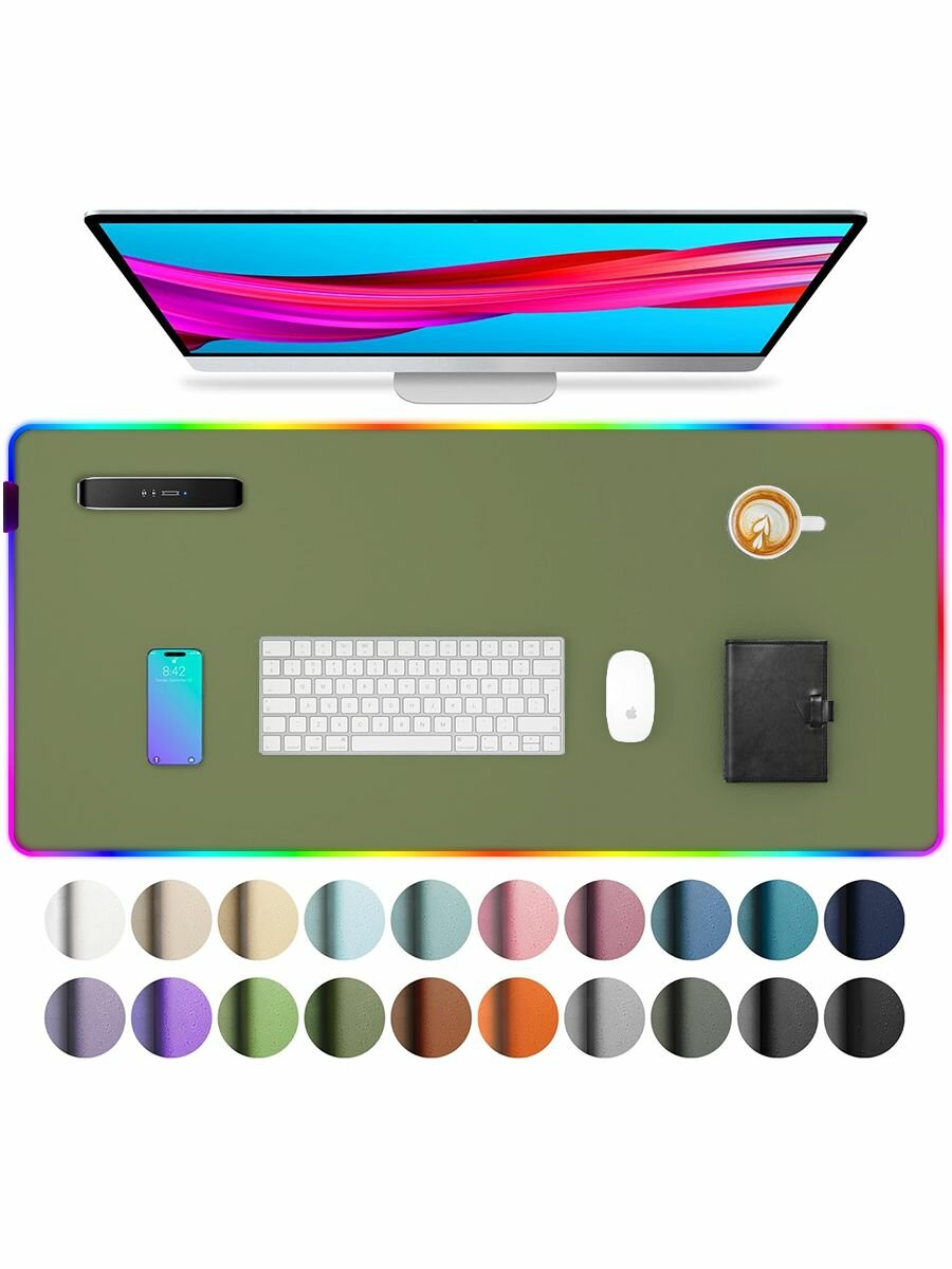 Коврик для мышки большой, с RGB подсветкой, 800 х 400 мм, кожаный, зеленый