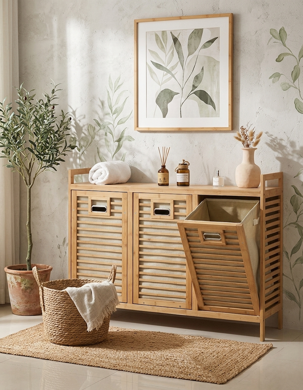 Стеллаж для ванной с корзиной для белья из бамбука, 100x30x72 см, Bambuchka