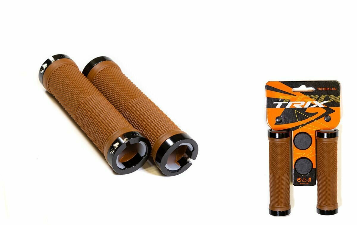 Грипсы TRIX GRTX-201-BROWN-BLACK, резиновые,130мм, алюминиевые фиксаторы на руль черные-2шт, с заглушками руля, коричневые