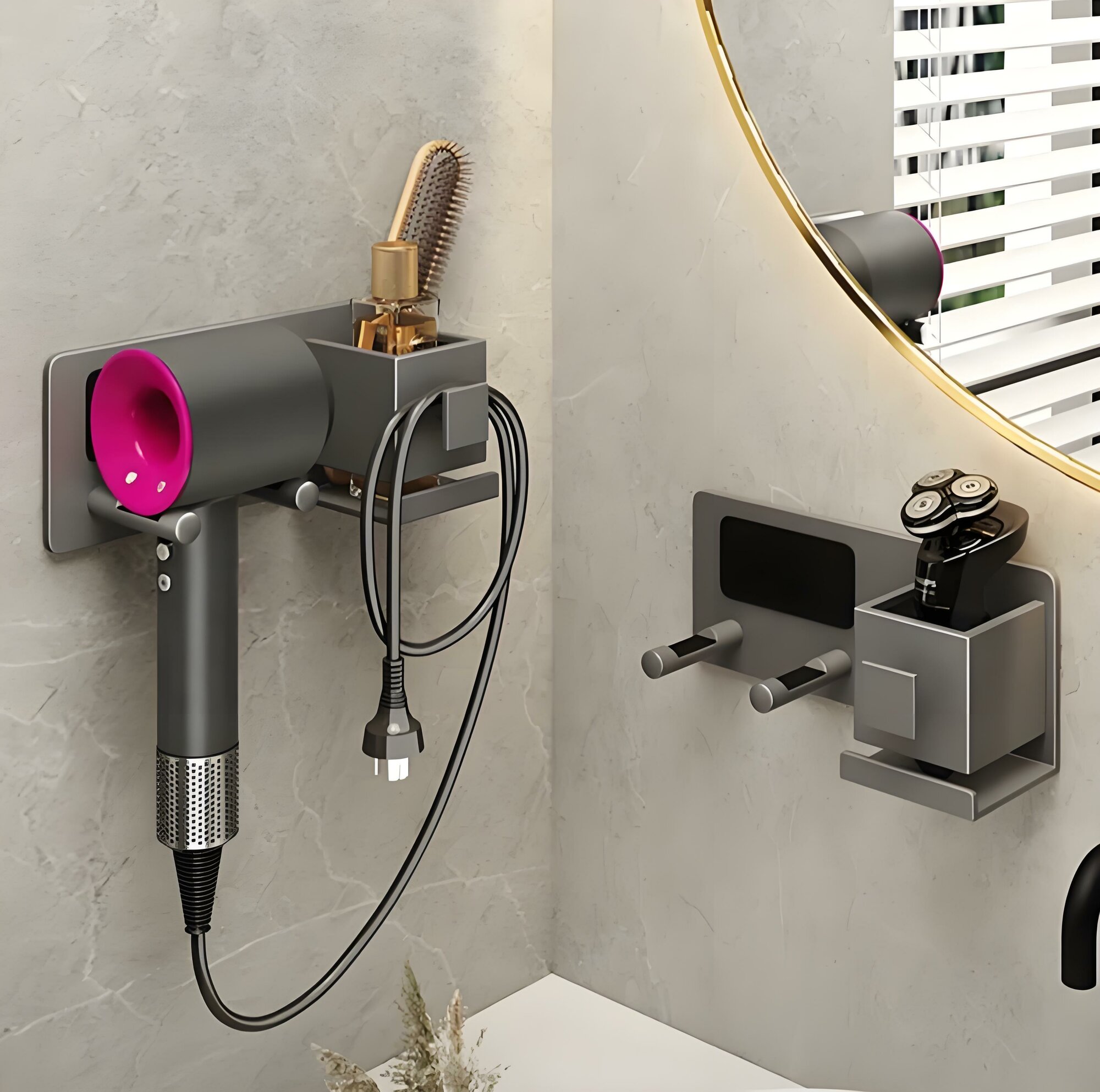 Держатель настенный DAENERO, полка в ванную для фена Dyson, золотистая матовая, легкая установка