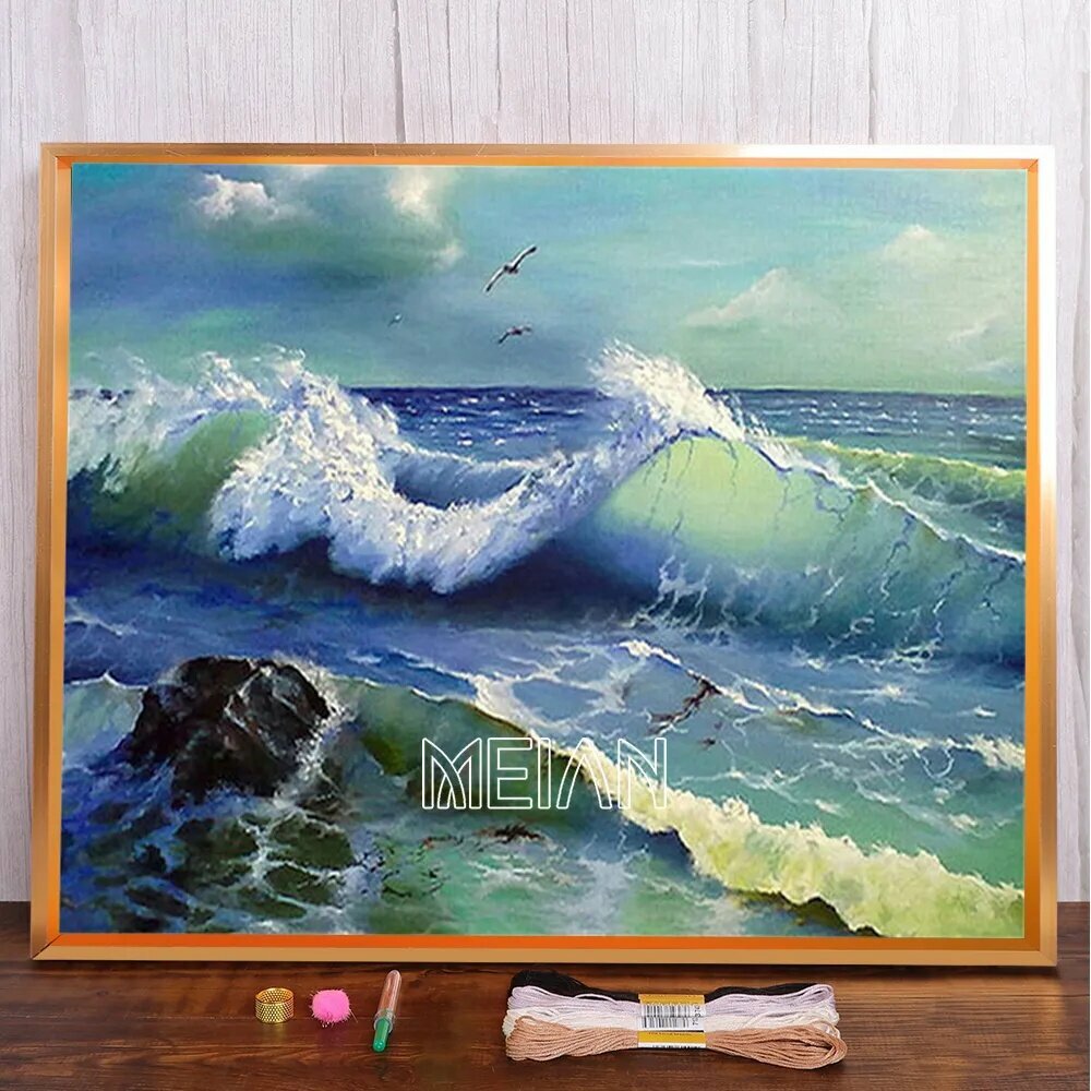 MEIAN Набор для вышивания,70X50CM, Чистый холст с сеткой,14CT, Морские волны
