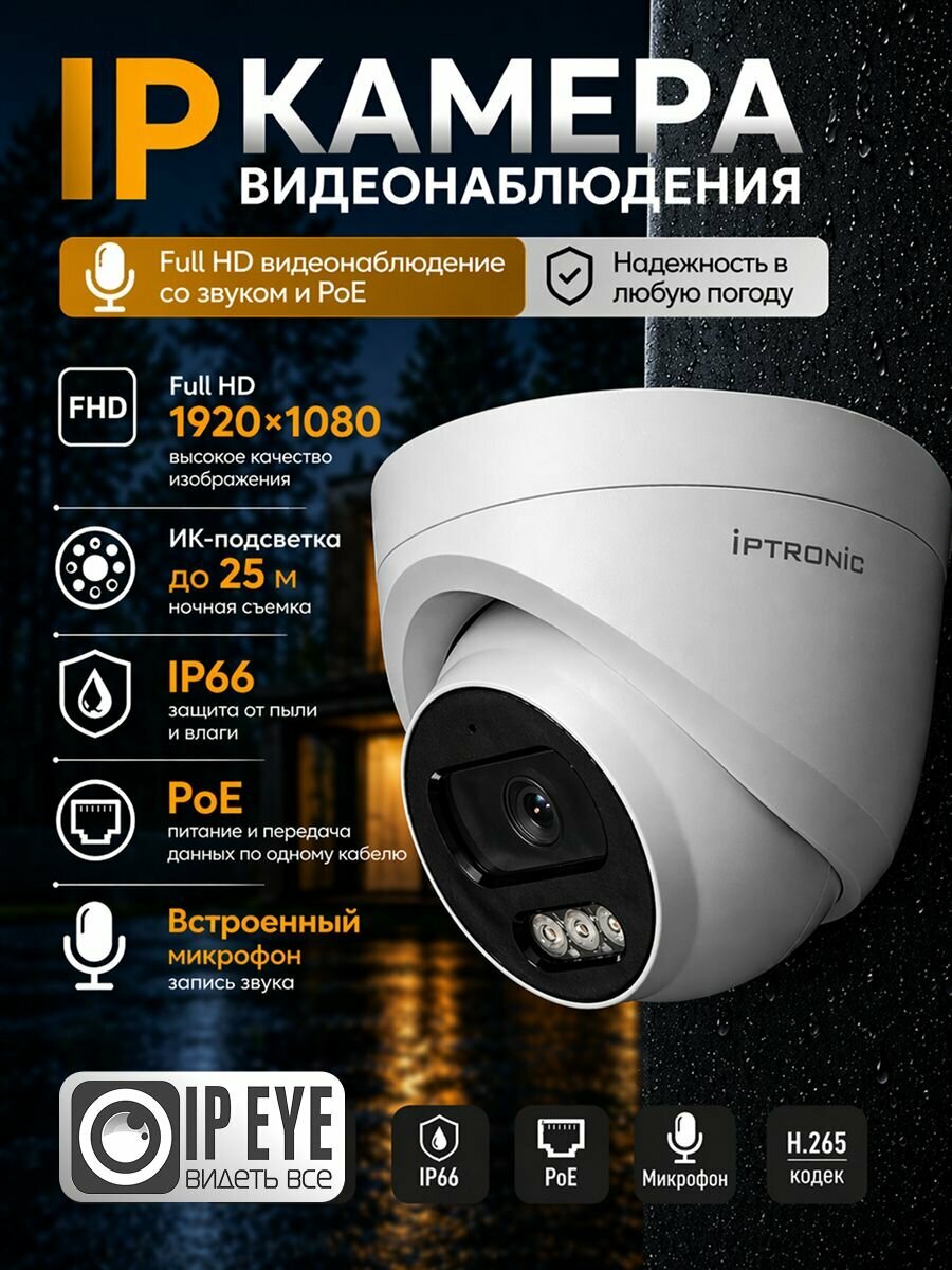Купольная IP-камера видеонаблюдения с микрофоном для дома и улицы, всепогодная камера IPTRONIC IPT-IP3DP(2.8)A Lite, Камера для ПВЗ, IPEYE