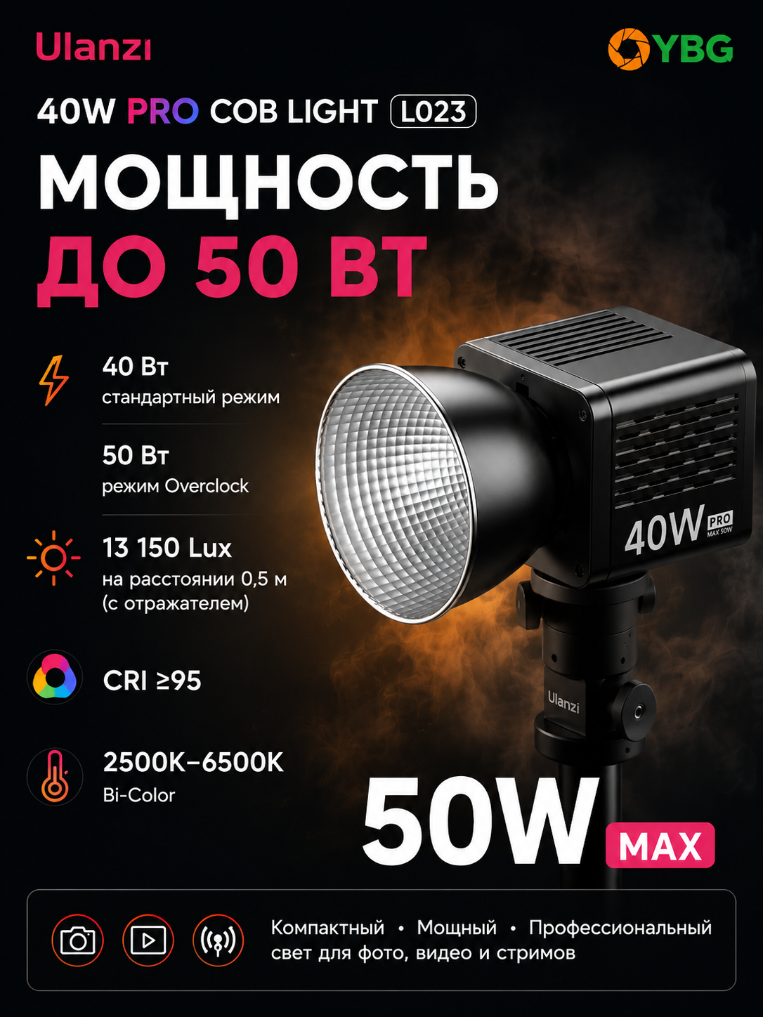 Осветитель Ulanzi 40W PRO COB L023, двуцветный светодиодный свет, 2500-6500K
