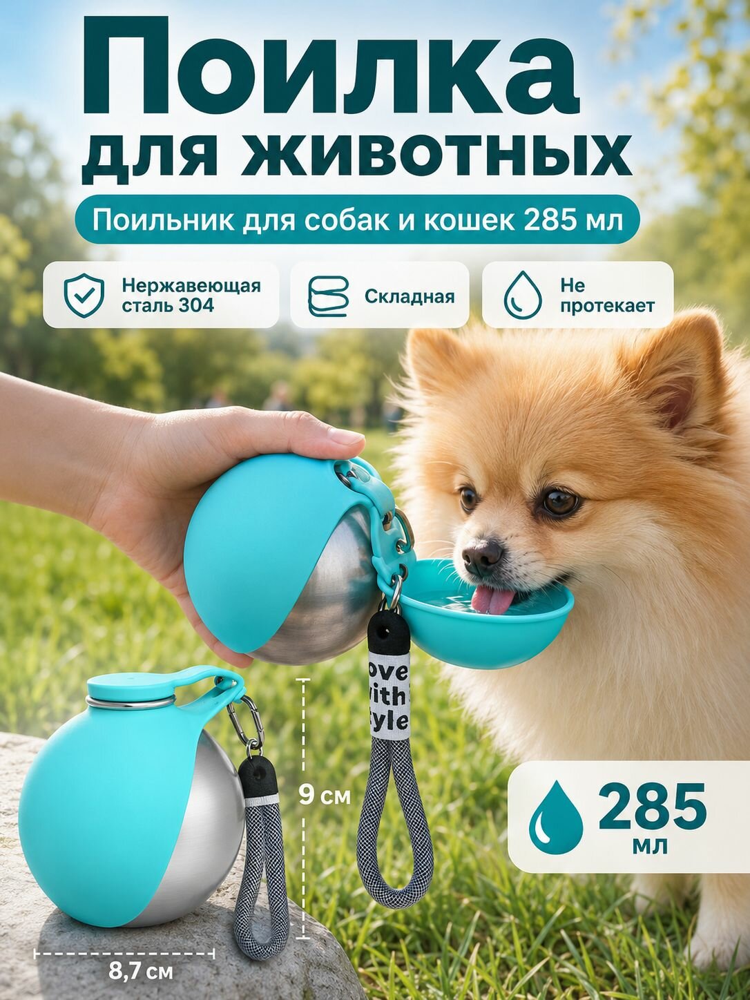 Дорожная поилка для собак 285 мл, бутылка-поилка из нержавеющей стали со складной чашей, переносная поилка для прогулок и поездокк