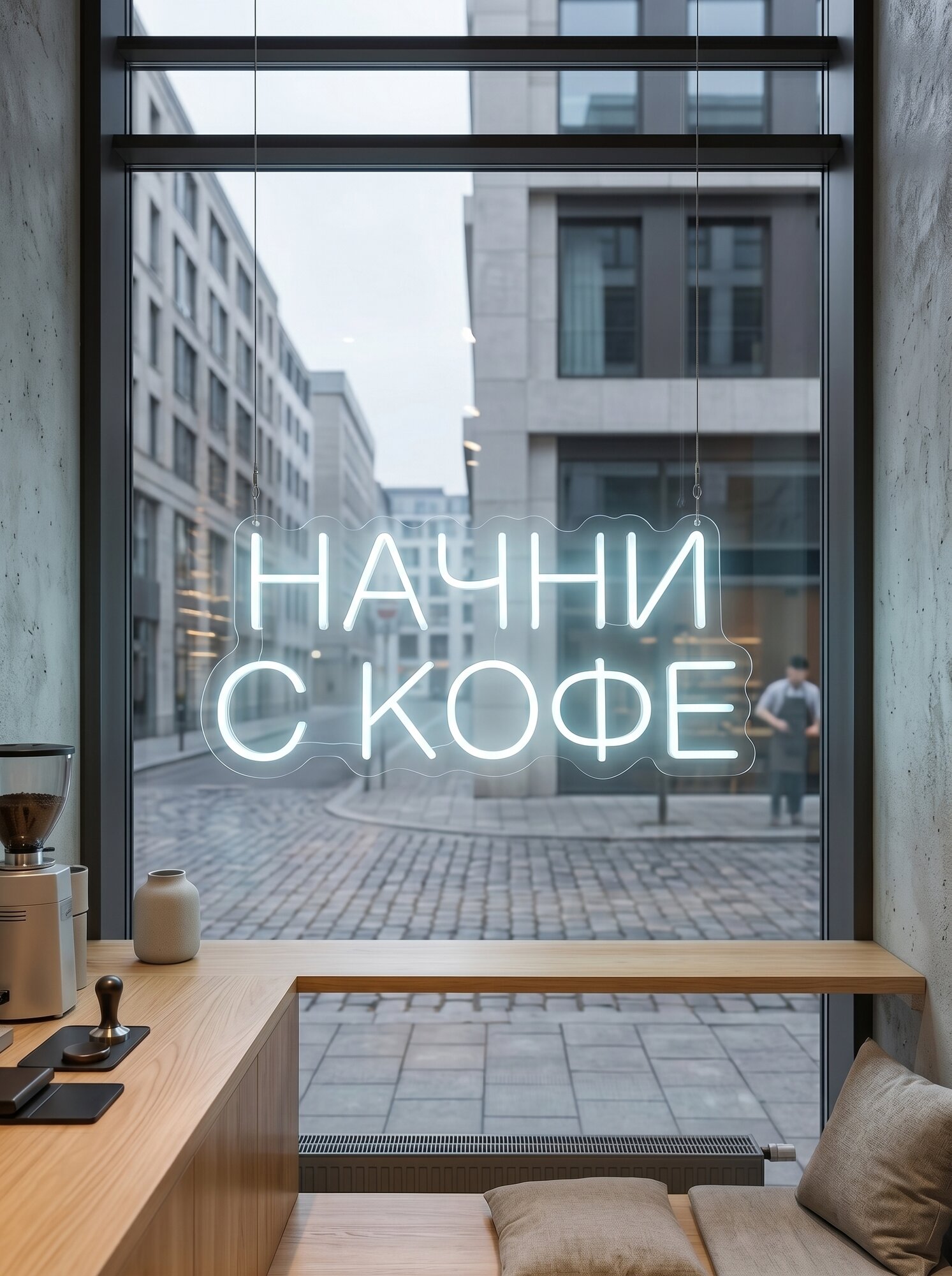 Неоновая вывеска "начни С кофе" 70х36см, неоновая надпись, LED светильник для кофейни