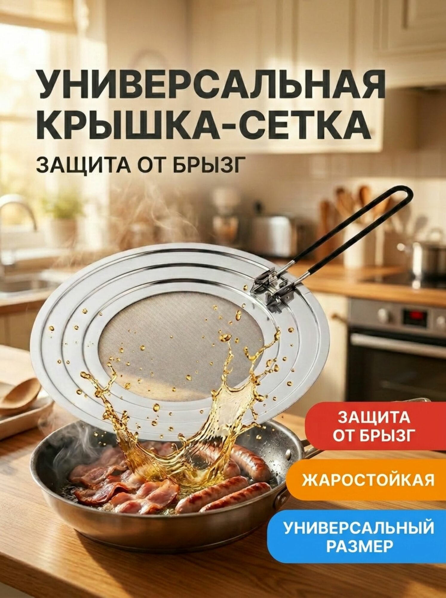 Крышка универсальная для сковороды или кастрюли брызгозащитная 18/22/24/26/28. Антиразбрызгиватель. Крышка со складной ручкой брызгогаситель масла, жира.