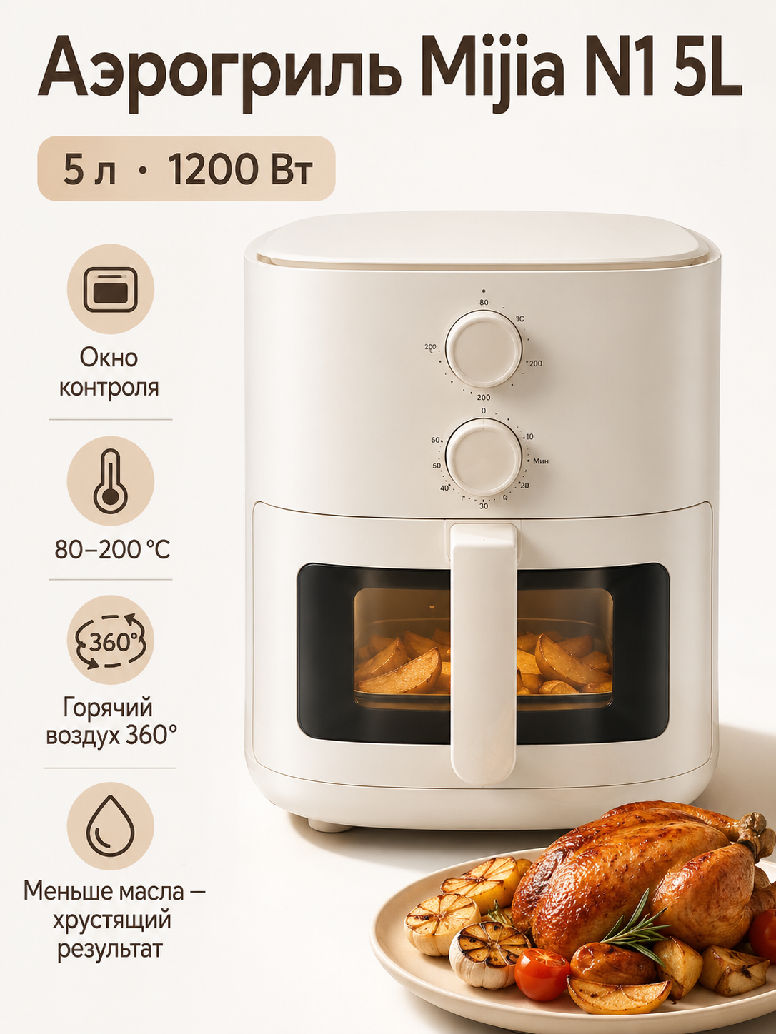 Мультипечь Xiaomi Mijia Air Fryer N1 MAF11, 5 л, 1200 Вт(Mihome APP), бежевый