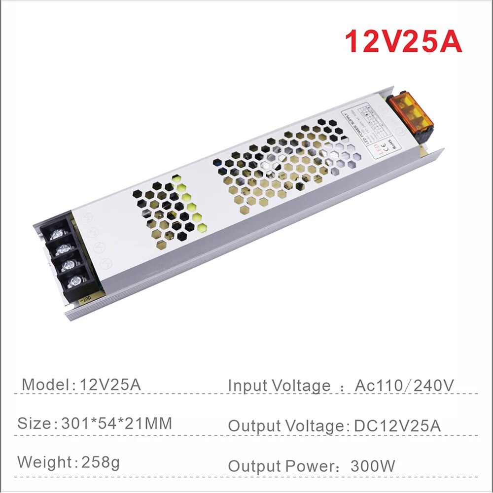 Трансформатор питания LED 12В/24В 60Вт/100Вт Белый, 12V25A