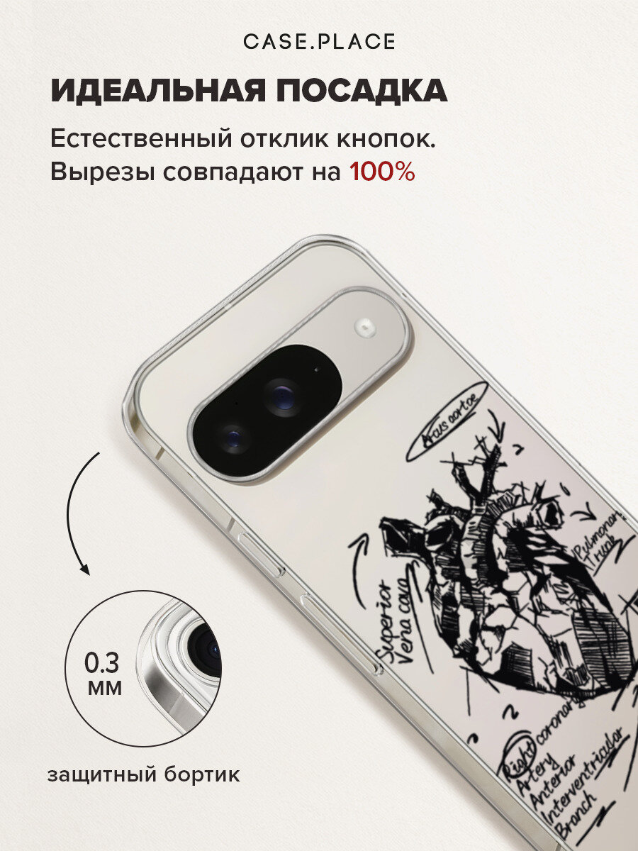 Чехол на Google Pixel 9 / Гугл Пиксель 9 с принтом "Анатомическое сердце 2", прозрачный — фото 1