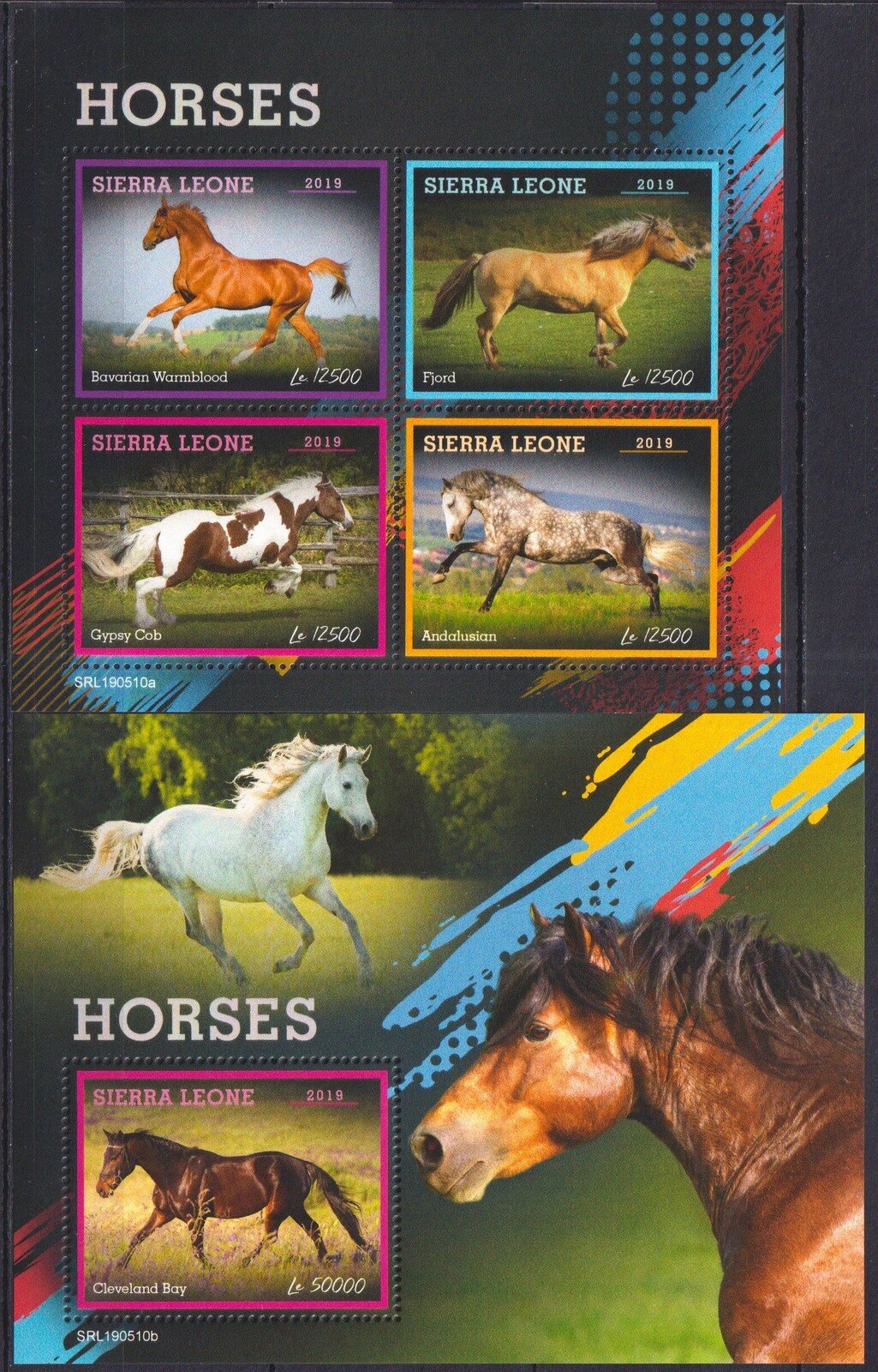 Марки 2019 год Sierra Leone Лошади Животные Фауна #11219-22+Bl1744 Mnh