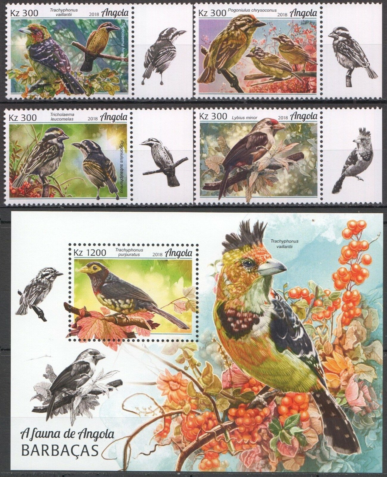 Марки 2018 год Ангола Бородастики Птицы Фауна #1966-1969+Bl159 Mnh
