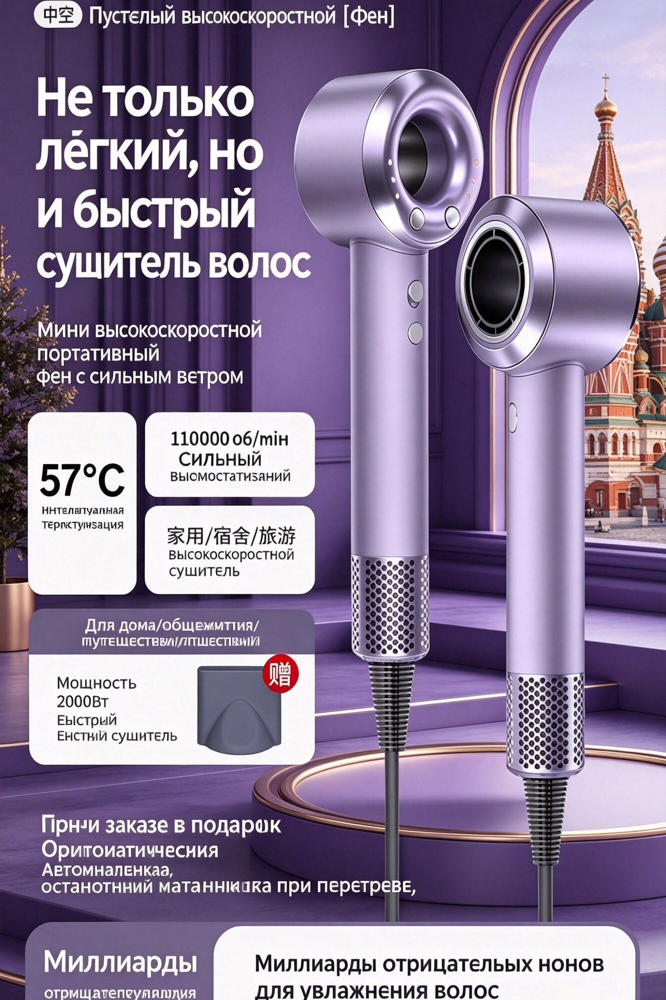 Фен без лопастей из АБС пластика, евровилка, мощный, ионы отрицательные, термостат, тихий, фиолетовый цвет для дома и салона