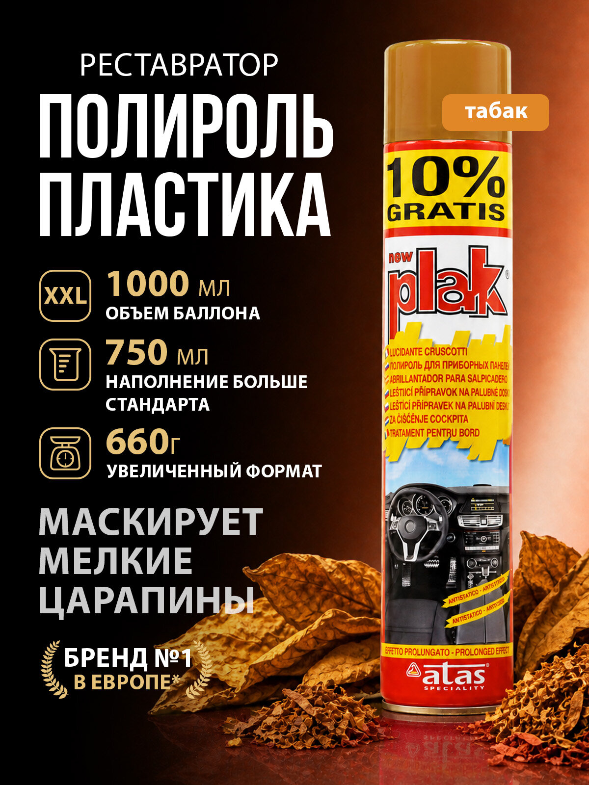 Полироль для пластика авто Plak Tabacco 750 мл блеск и защита панели