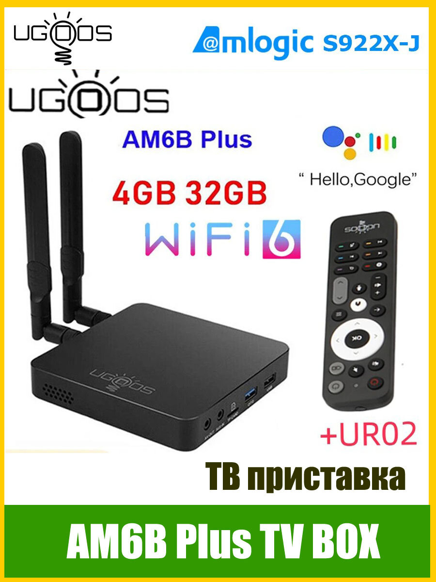 Мощная ТВ-приставка Ugoos AM6B Plus Amlogic S922X-J, 4GB RAM LPDDR4, 32GB, smart tv box Wi-Fi 6 и 4K@60fps. Android 9.0, гигабитный порт