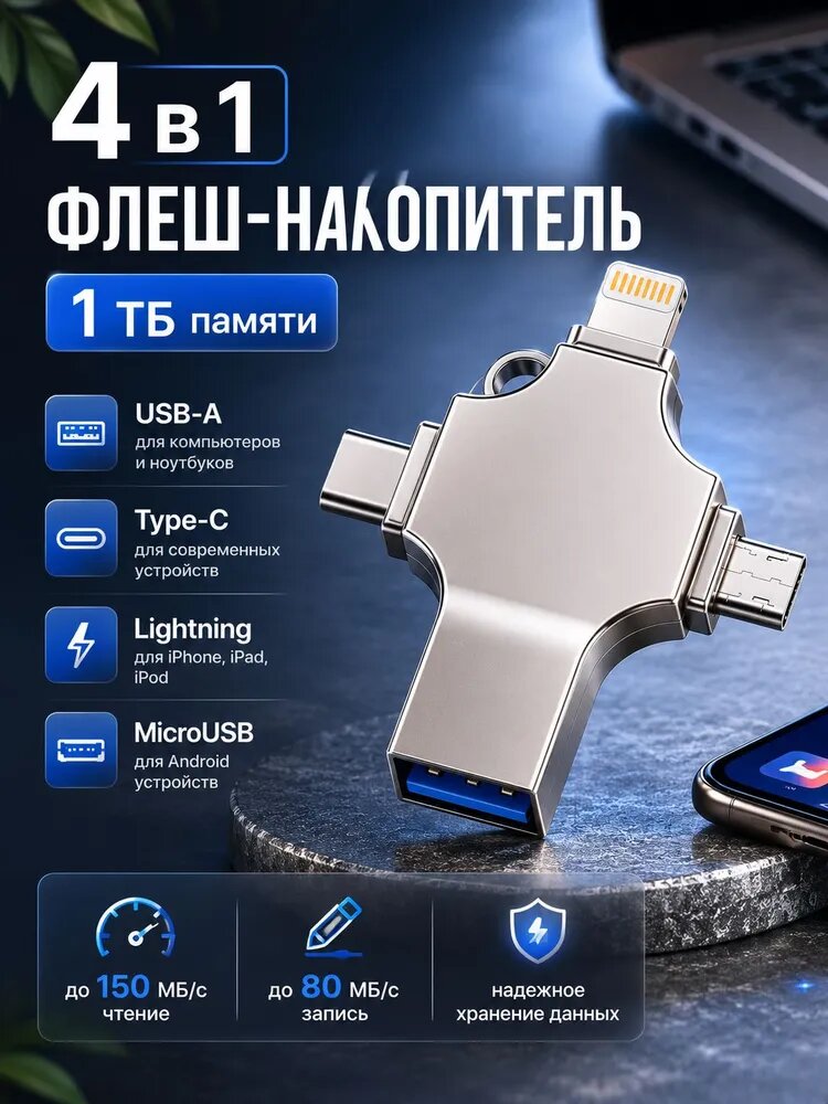AG Digital 960 ГБ USB-флеш-накопитель Флешка для айфона1тб (usb), microUSB, USB Type-C, до 80 мб/сек, Металл, зеркальный, коричневый