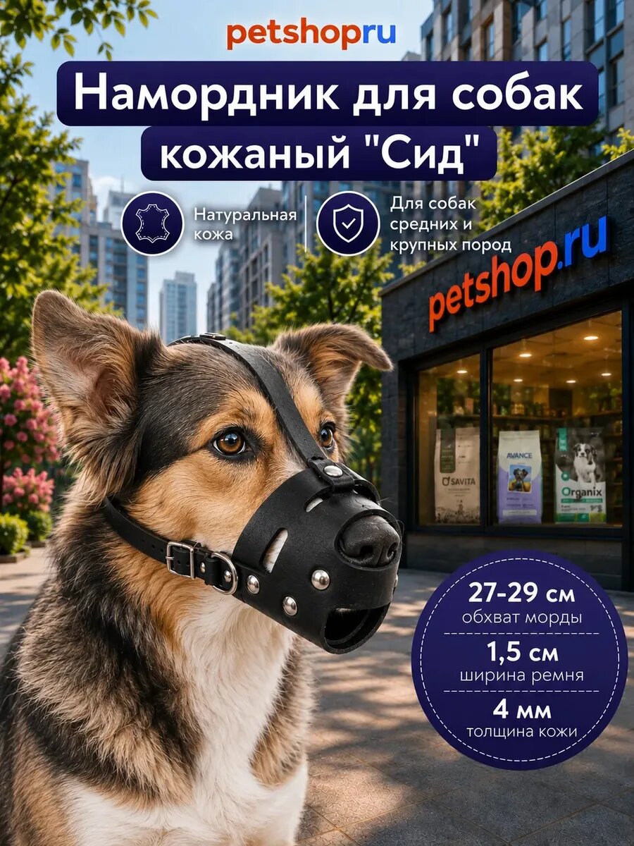 Намордник кожаный "Сид" цельнокроеный, черный