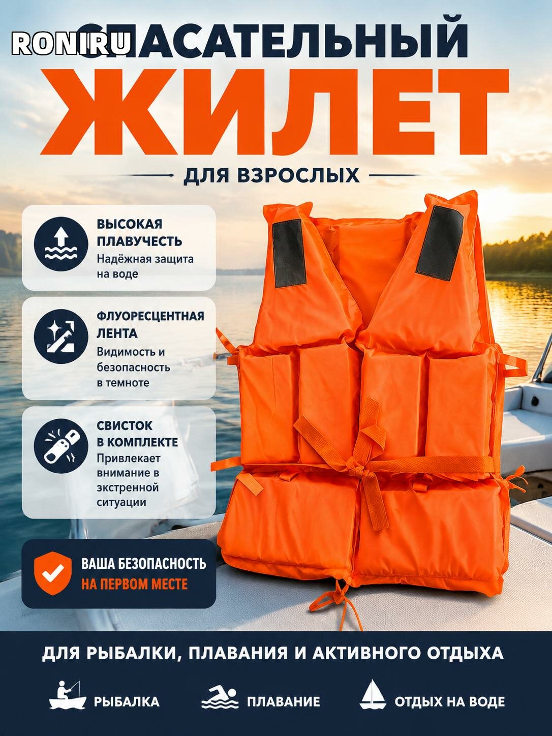 Спасательный жилет для взрослых с высокой плавучестью, флуоресцентной лентой и свистком — для рыбалки и плавания
