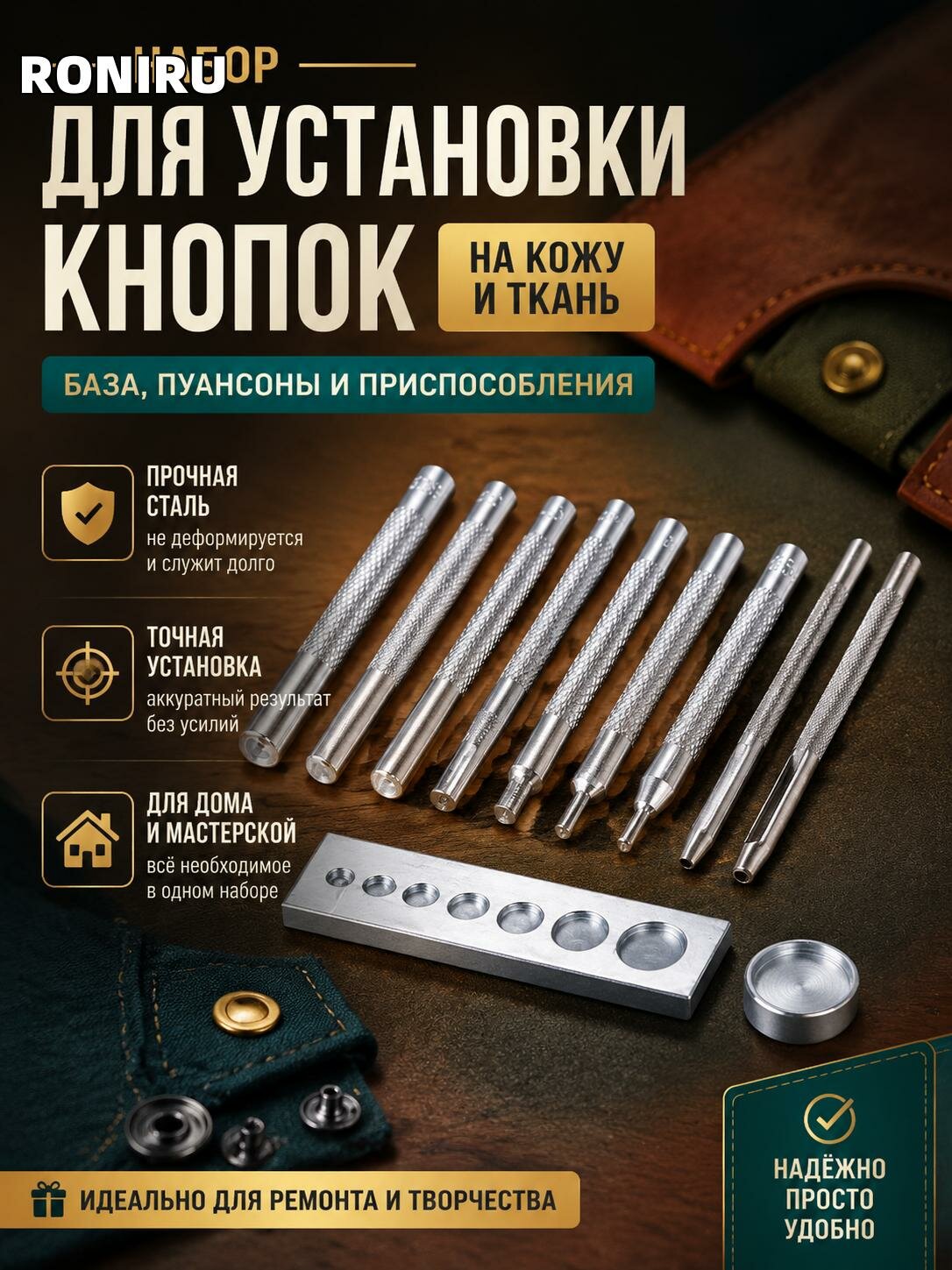 Набор ручных инструментов для установки кнопок на кожу и ткань — база, пуансон и приспособления для фиксации — дома