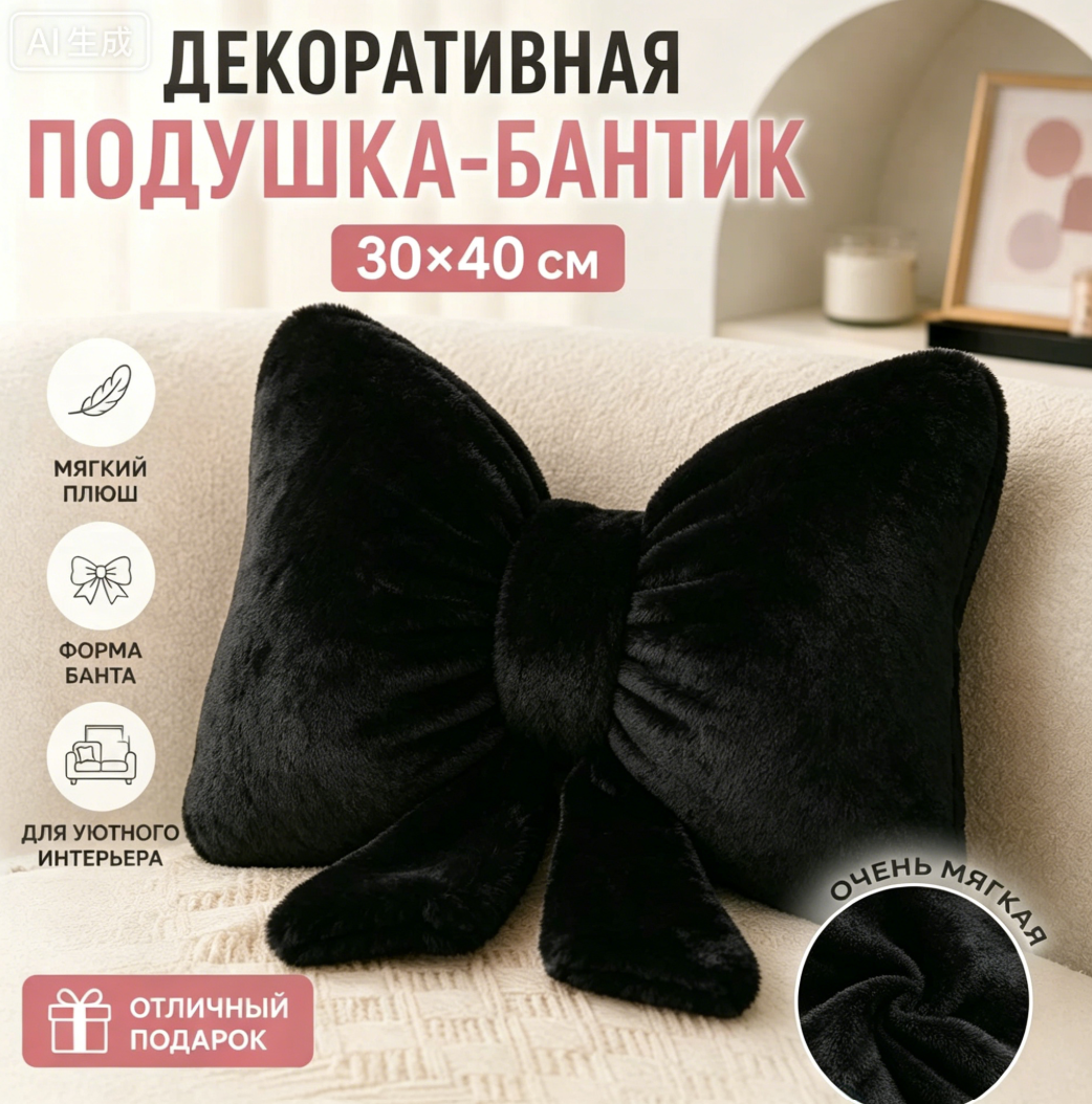 Плюшевая декоративная подушка с бантом, диванная и домашняя подушка, 30×40 см, подушка для спальни