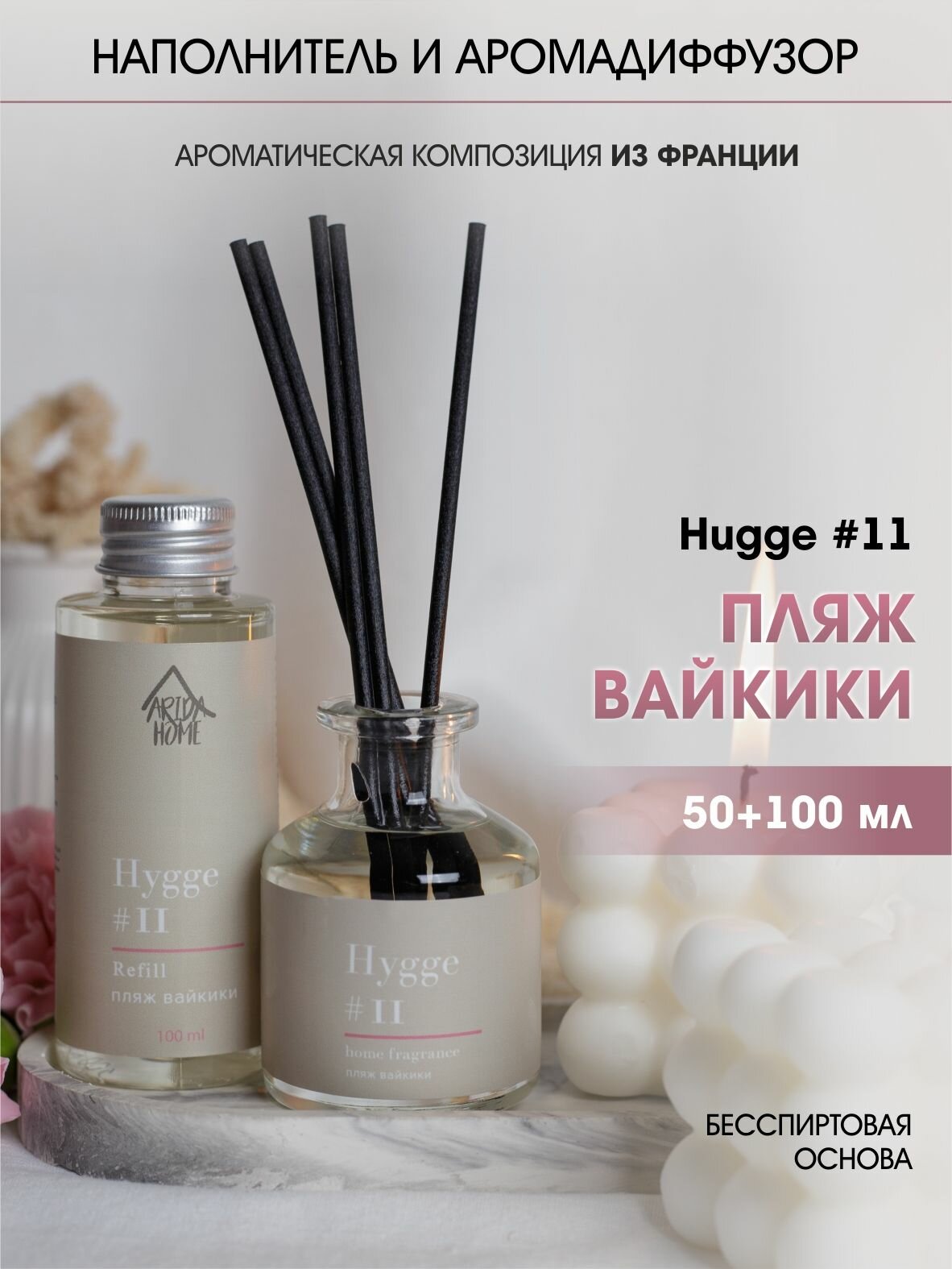 Аромадиффузор наполнитель рефилл набор Arida Home, 50 мл и 100 мл, Hygge 11 Пляж Вайкики