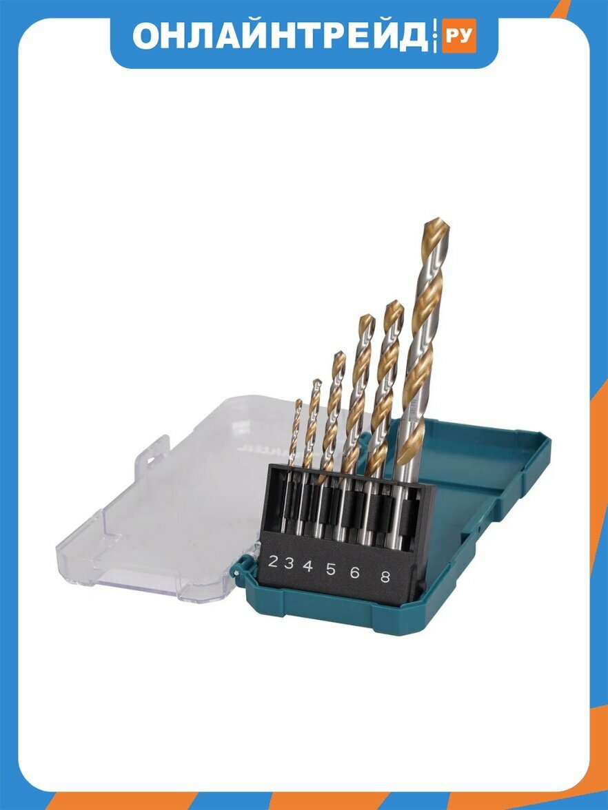 Набор сверл по металлу Makita HSS-G, канавка напыление TIN, 6 шт. (2,3,4,5,6,8 мм) (D-77241)