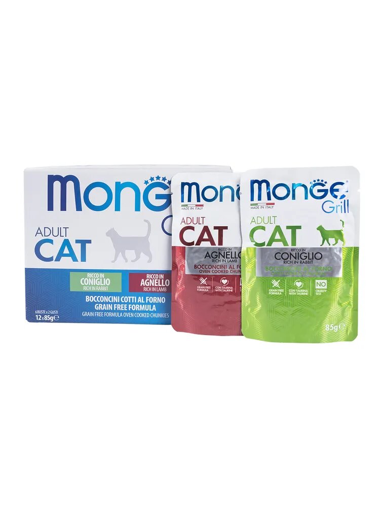 Влажный корм Monge Cat Grill для взрослых кошек с кроликом, с ягненком, бокс с паучами 12 шт х 85 г
