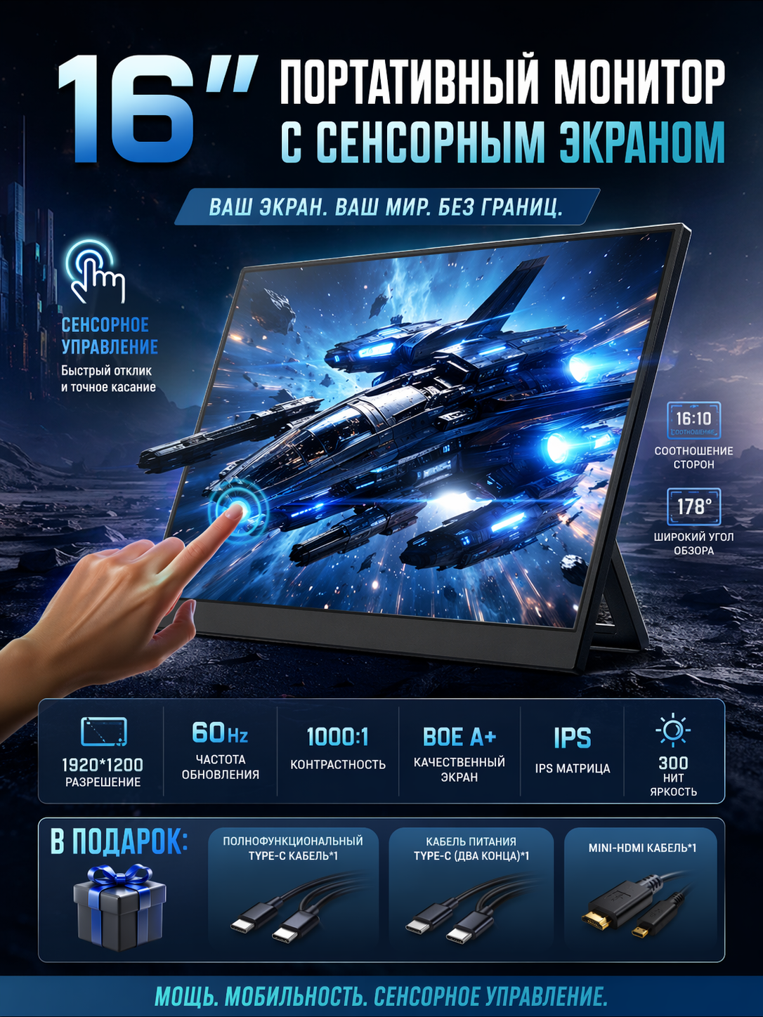Монитор портативный для ноутбука IPS 60Гц, Сенсорный экран16"